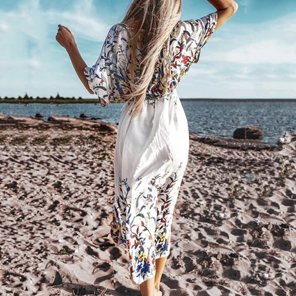 On My Rack | Swim | Boho White Floral Beach Swim Coverup Maxi Duster ...